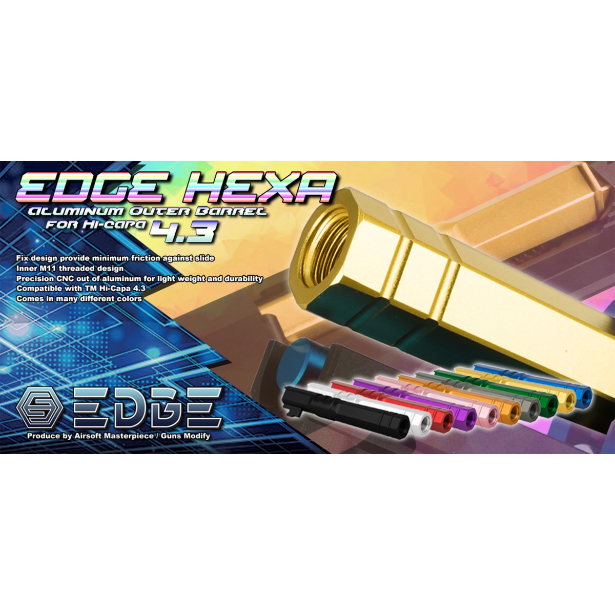 Airsoft Masterpiece Edge "HEXA" Aluminum Outer Barrel for 4.3 Hi Capa (Gold) | Airsoft Megastore